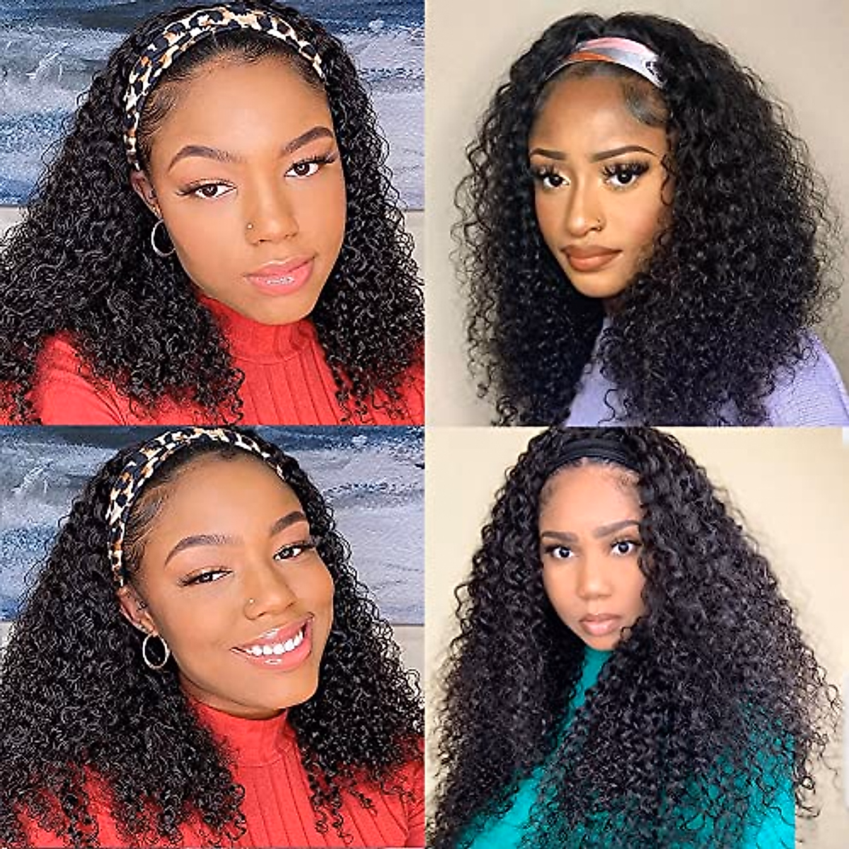 HeadBand Wig Curly Human Hair Wig None Lace Front Wigs for Black Women Deep Wave Machine Made Wigs Natural Color 150% Density 14inch