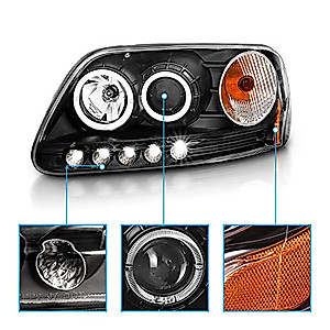 AmeriLite for 1997-2003 Ford F150 / Expedition Black Projector LED Dual Halo Ring Headlights Assembly Pair - Passenger and Driver Side