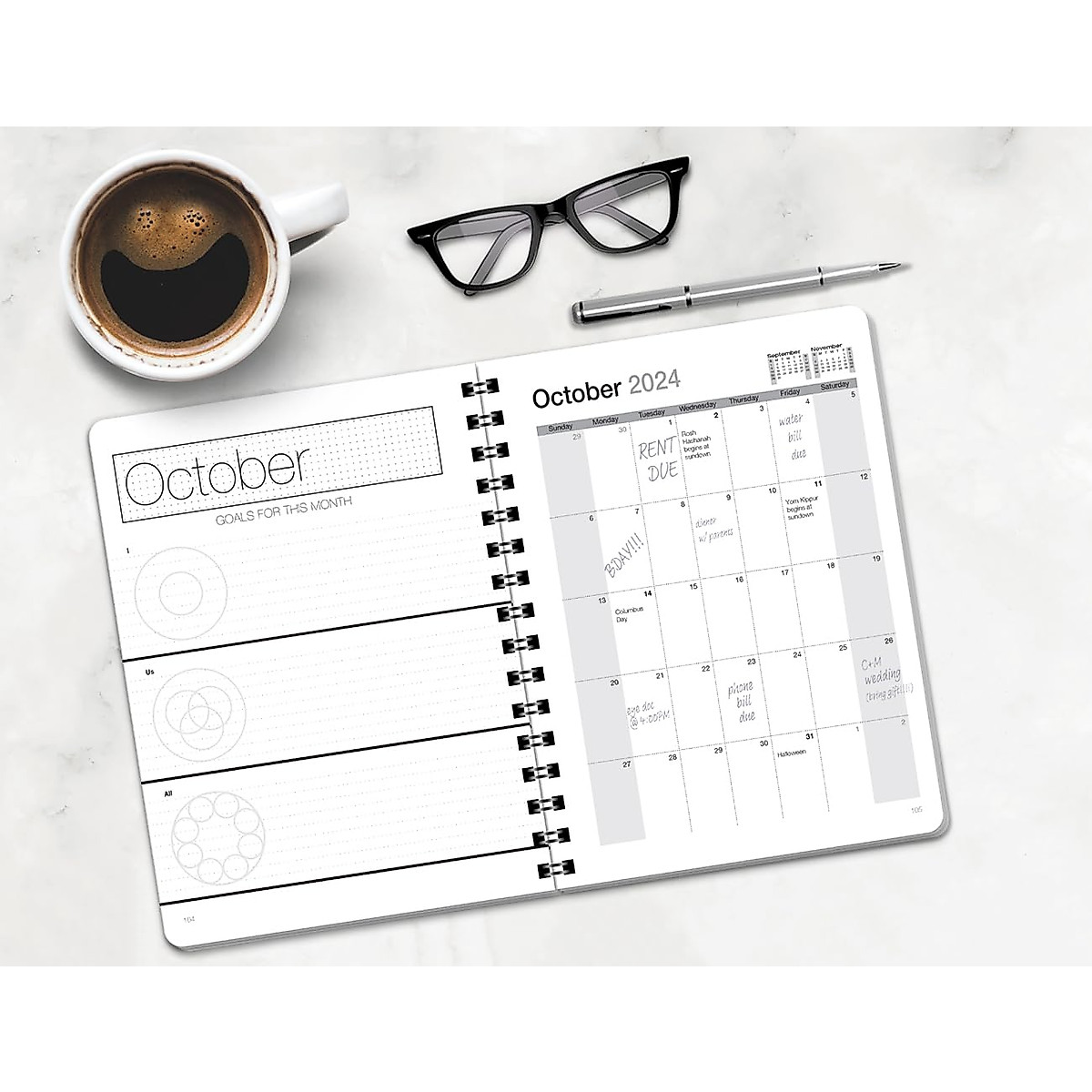 Dated Minimalist DayPlanner - 12 Monthly Calendar Overview, to-do Lists, Weekly and Daily Planning (6.625 by 9 inches), 2024 Coffee Minimalist