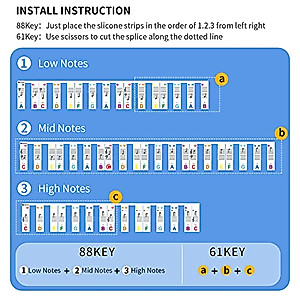 Removable Piano Keyboard Note Labels,Piano Keyboard Stickers,88-Key 61-Key Full Size,Silicone Keyboard Stickers,Suitable Piano Keyboard for Beginners with Box,Sheet Music Clip,Cleaning Cloth