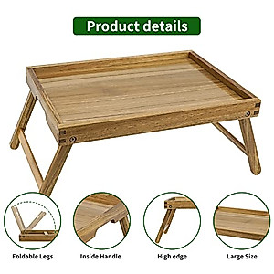 VaeFae Acacia Bed Table Tray, Wooden Breakfast Tray with Folding Legs, Bed Tray for Eating and Laptop, Eating Trays for Bedroom