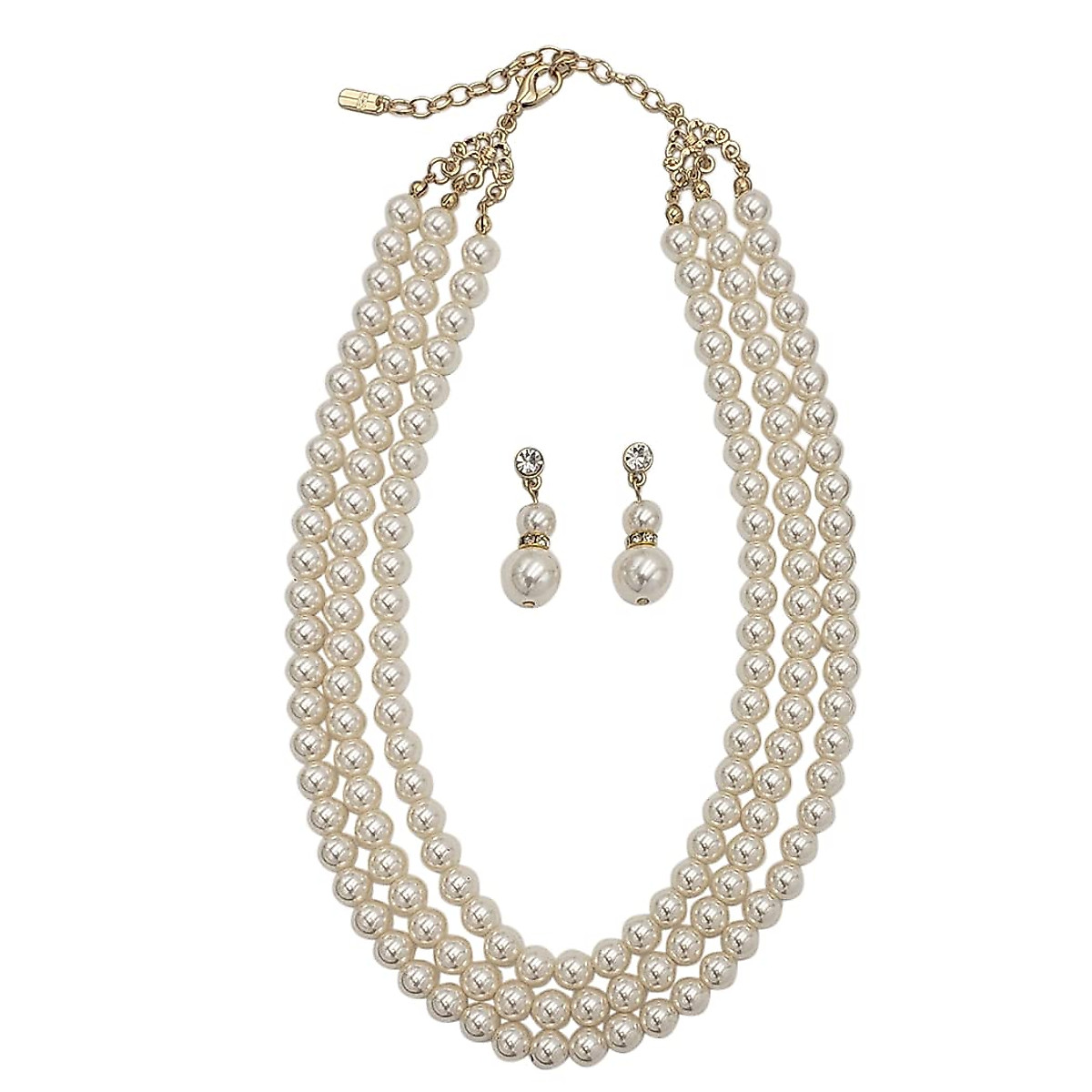 Rosemarie Collections Women's Multi Strand Classic Cream Faux Pearl Necklace and Earrings Jewelry Set, 16"-19" with 3" Extender (Cream/Gold Tone)