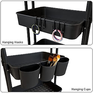 CAXXA 3-Tier Rolling Storage Organizer with 3 Small Baskets - Mobile Utility Cart with Caster Wheels (Black)