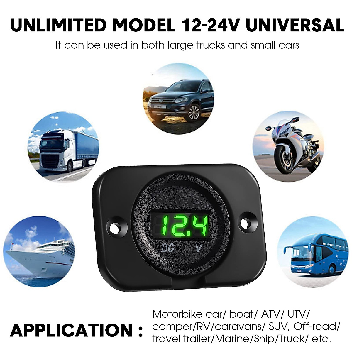 BBTO 2 Pcs DC 12V 24V Waterproof Car Voltmeter with LED Digital Display Panel and Mounting Plate Round Voltage Gauge Meter with Terminal for Boat Marine Vehicle Motorcycle Truck ATV UTV (Green Light)