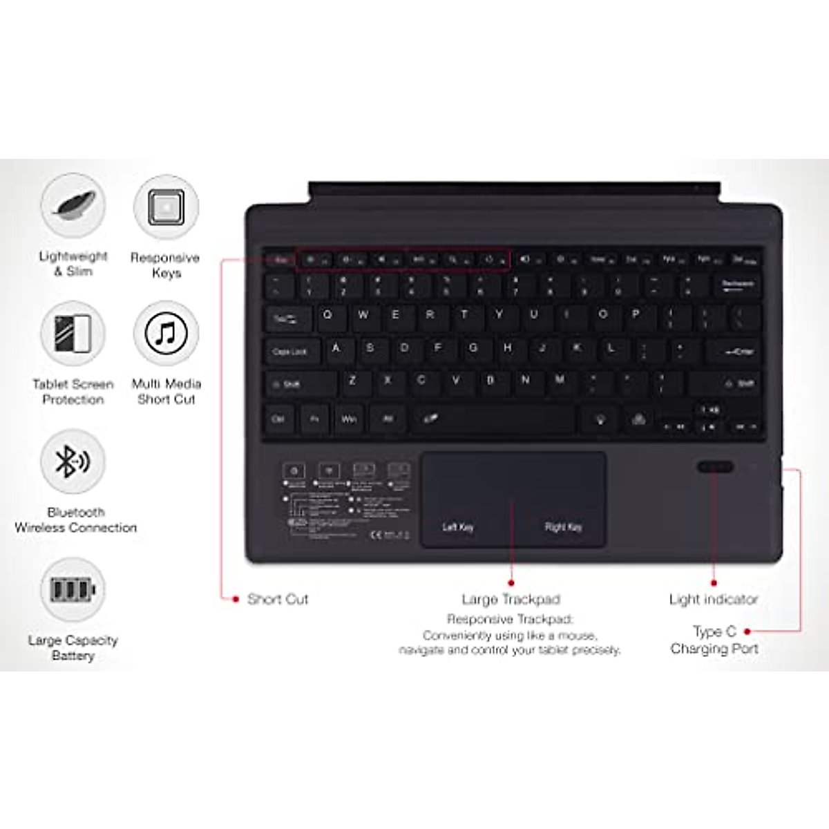 Keyboard Replacement Type Cover Trackpad Mouse for Microsoft Surface Pro 7 / 6 / 5 / 4 / 3 Ergonomic Portable Slim Wireless Bluetooth Rechargeable (with Backlit)