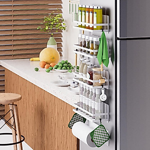 Magnetic Spice Rack for Refrigerator Moveable Magnetic Shelf Organizer with Paper Towel Holder Kitchen Refrigerator Storage Rack Fridge Magnet Organizer,White,3 Packs