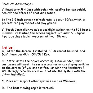 for Raspberry Pi 4 TFT 3.5 inch Touch Screen with Case, Mini Cooling Fan and Heatsink, 480x320 Resolution 60fps Monitor LCD Display