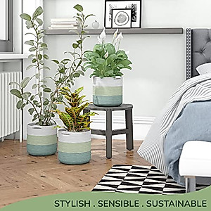 Eco Living Recycled Cotton Rope Basket - Multi-Purpose Woven Closet Storage Bins - Medium 11 X 11 X 11 Inches - Nursery & Kids Room Organizer - Fits 12X12” Cube Shelves - Set of 3 - White & Green