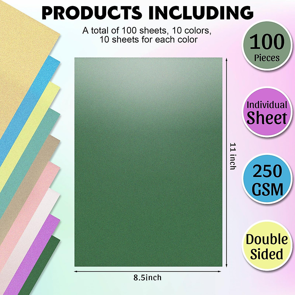 Yeaqee 100 Sheets Shimmer Cardstock Metallic Cardstock Paper 8.5 x 11 Inch 250GSM 90LBS Thick Double Sided Glitter Pearlescent Paper Colorful Paper for Invitations Weddings Parties Showers, 10 Colors