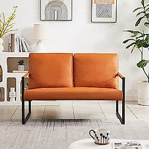 MOOSENG Mid-Century Loveseat Sofa, Upholstered Faux Leather Settee, 2 Seater Accent Chair with Extra-Thick Padded Seat and Back,Anti-Scratch Foot Mats, Couch for Small Spaces, Living Room,Orange