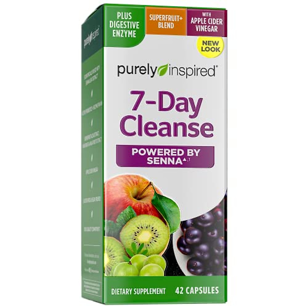 Purely Inspired 7-Day Detox Cleanse - Whole Body Cleanse & Detox Pills for Women & Men, Powered with Senna Leaf, Vitamin C, Apple Cider Vinegar, Digestive Enzymes & Probiotics - 42 Acai Berry Capsules