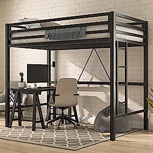 IMUsee Loft Bed Frame for Juniors&Adults, Metal Loft Bed Twin Size with Safety Guardrail&Removable Ladder, Space-Saving, Noise Free, Matte Black