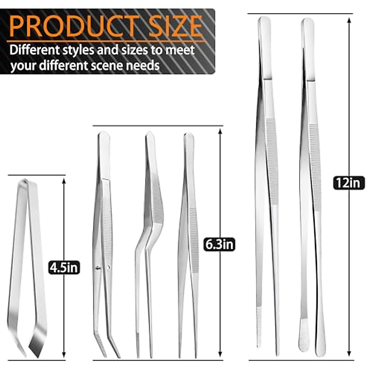 JETKONG 6 Pcs Cooking Tweezer Tongs, 12'' and 6.3" Stainless Steel Kitchen Tweezer Set, Professional Chef Tweezers for Cooking, Repairing, Sea Food, BBQ, Multi-use