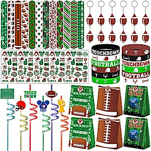 Football Party Favors 72 PCS Football theme Slap Bracelet Keychain Tattoo Stickers Plastic Straws Silicone Bracelet Gift Bags for Kids Sports Theme Birthday Party Gift Giving Classroom Rewards