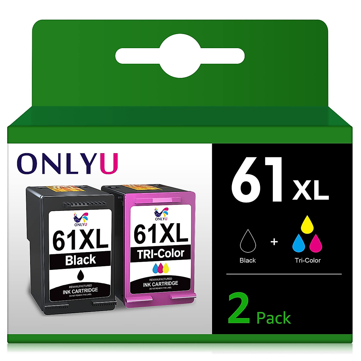 ONLYU Remanufactured 61 Ink Cartridges for HP Printers for HP 61XL 61 XL Envy 4500 5530 Ink Cartridges OfficeJet 4630 2620 DeskJet 1000 1010 1510 1056 1512 2540 Printer (1 Black,1 Tri-Color)