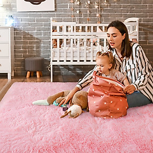 Prabia Super Soft Fluffy Shaggy Rugs 4x5.9 Feet for Living Room Bedroom, Fuzzy Plush Area Rugs for Girls Kids Room Nursery Home Decor, Furry Dorm Rug Cute Non-Slip Indoor Floor Carpet, Baby Pink