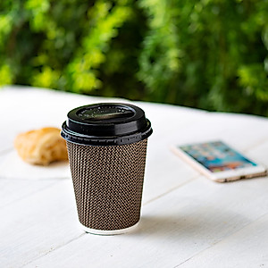Comfy Package [12 oz. - 50 Sets Insulated Brown Patterned Ripple Paper Hot Coffee Cups With Lids (Lids Color May Vary) - Ideal for Hot Beverages, Travel, and Office Use