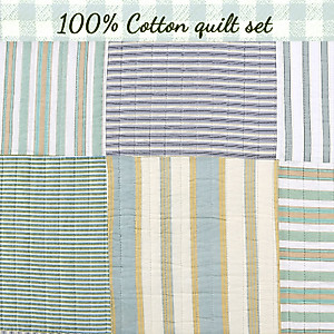 Cozy Line Home Fashions Green Yellow Blue Plaid Striped Real Patchwork 100% Cotton, Reversible Coverlet, Bedspread, Quilt Bedding Set (Green Patchwork, Twin - 2 Piece)