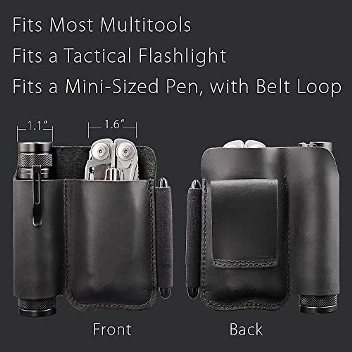 EDC Leather Belt Knife Sheath Organizer for Multitool, Fit 1.0" Diameter Flashlight, Tool Belt Pouch, Pocket Slip Pouch, EDC Tactical Key Chain Holder, Leather Key Fob, Premium Leather. Black.
