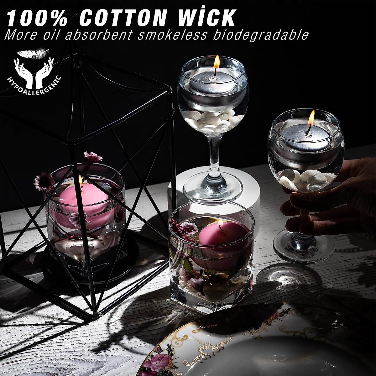 SECEL Pack of 24 Floating Candles 2 Inch 4+Hours Paraffin Wax0 Cotton Wick Dripless & Smokeless Home Decor, Wedding Decorations, Valentine Decors, Birthday Dinners, Celebrations