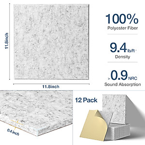 Lebenforce 12 Pack Self-Adhesive Acoustic Panels, 12" X 12" X 0.4" High-Density Polyester Soundproof Wall Panels, Sound Absorbing Panel for Home & Office (Gray)