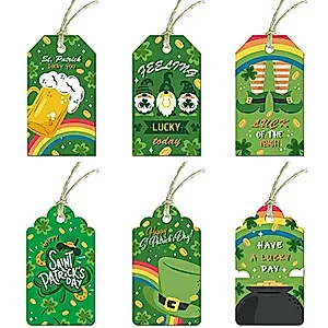 120 Pcs St. Patrick's Day Gift Tags, St. Patrick's Day Decorations Accessories Lable Tags, Irish Shamrock Clover Gnomes Gifts Tags for Green Day