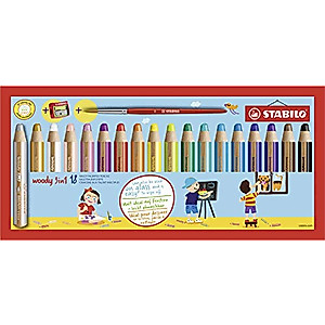 STABILO Multi-Talented Pencil woody 3 in 1 - Pack of 18 - Assorted Colours with Sharpener and Paint Brush