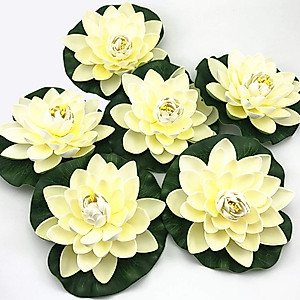 NAVADEAL 6PCS Artificial Floating Foam Lotus Flowers with Water Lily Pad Ornaments, Ivory White, Perfect for Patio Koi Pond Pool Aquarium Home Garden Wedding Party Decoration(with NO Lights)