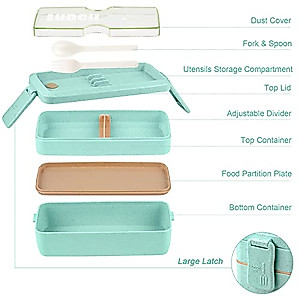 NatraProw Bento Box Adult Lunch Box with Bag, 2 layer Leakproof Lunch Box with Containers Included, BPA Free, Wheat Straw, BPA Free, Microwave Safe, Green