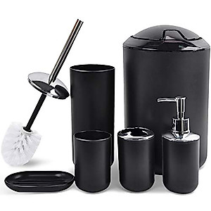 CERBIOR Bathroom Accessories Set 6 Piece Bath Ensemble Includes Soap Dispenser, Toothbrush Holder, Toothbrush Cup, Soap Dish for Decorative Countertop and Housewarming Gift, Black