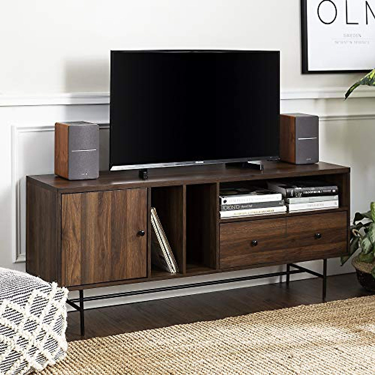 Walker Edison Modern Wood TV Stand with Record Storage for TV's up to 65" Flat Screen Universal TV Console Living Room Storage Cabinet Doors Shelves Entertainment Center, 60 Inch, Dark Walnut