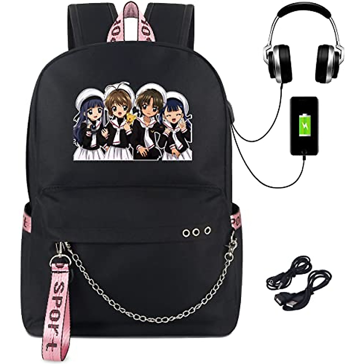 Roffatide Anime Cardcaptor Sakura Backpack Kinomoto Syaoran Li Tomoyo Daidouji Meiling Li Backpack Book Bag Laptop School Bag with USB Charging Port and Headphone Port