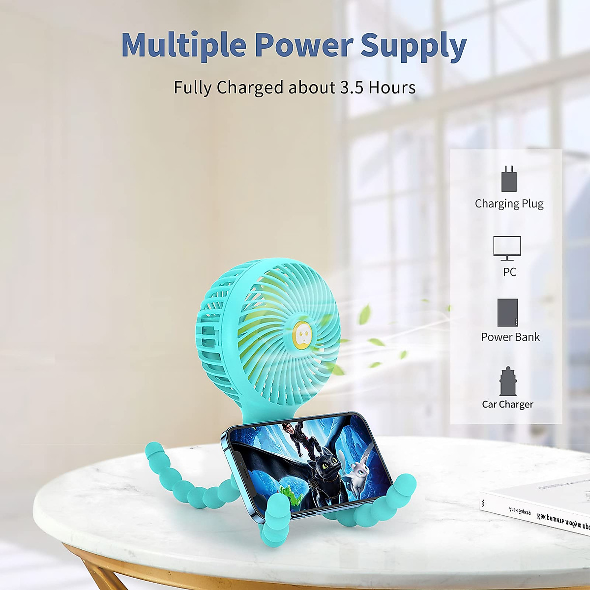 SMARTDEVIL Stroller Fan, 3 Speed Portable Clip on Stroller Fan for Baby, Battery Operated Personal Desk Fan with Flexible Tripod, Mini Handheld Fan for Car Seat, Treadmill, Camping (Blue)
