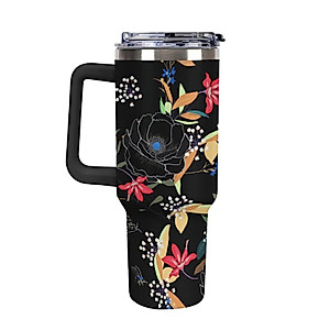 40oz Insulated Tumbler with Handle & Straw Stainless Steel Vacuum Sealed Water Bottle Leakproof Travel Mug for Car, Outdoor & Home BPA-Free Double Wall Cold Hot Beverage Thermos Flower
