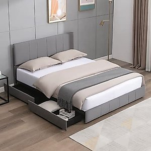 ZAFLY Platform King Size Bed Frame with Adjustable Headboard,Upholstered Cal King Bed Frame with 4 Storage Drawers,Wooden Slats Support,No Box Spring Needed (Dark Grey)