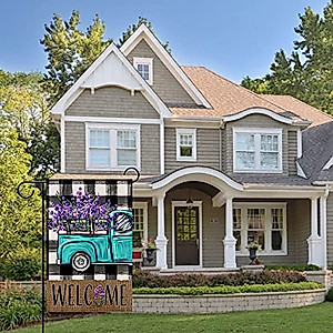 Covido Welcome Spring Blue Truck Decorative Garden Flag, Lavender Flowers Buffalo Plaid Check Yard Outside Decorations, Summer Farmhouse Burlap Outdoor Small Home Decor Double Sided 12 x 18