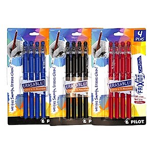 Pilot (3) FriXion ColorSticks Erasable Pen, Point: Fine (0.7mm), 12 Pens, 4 Packs, Ink Colors (15184) Black (15187) Blue (15190) Red