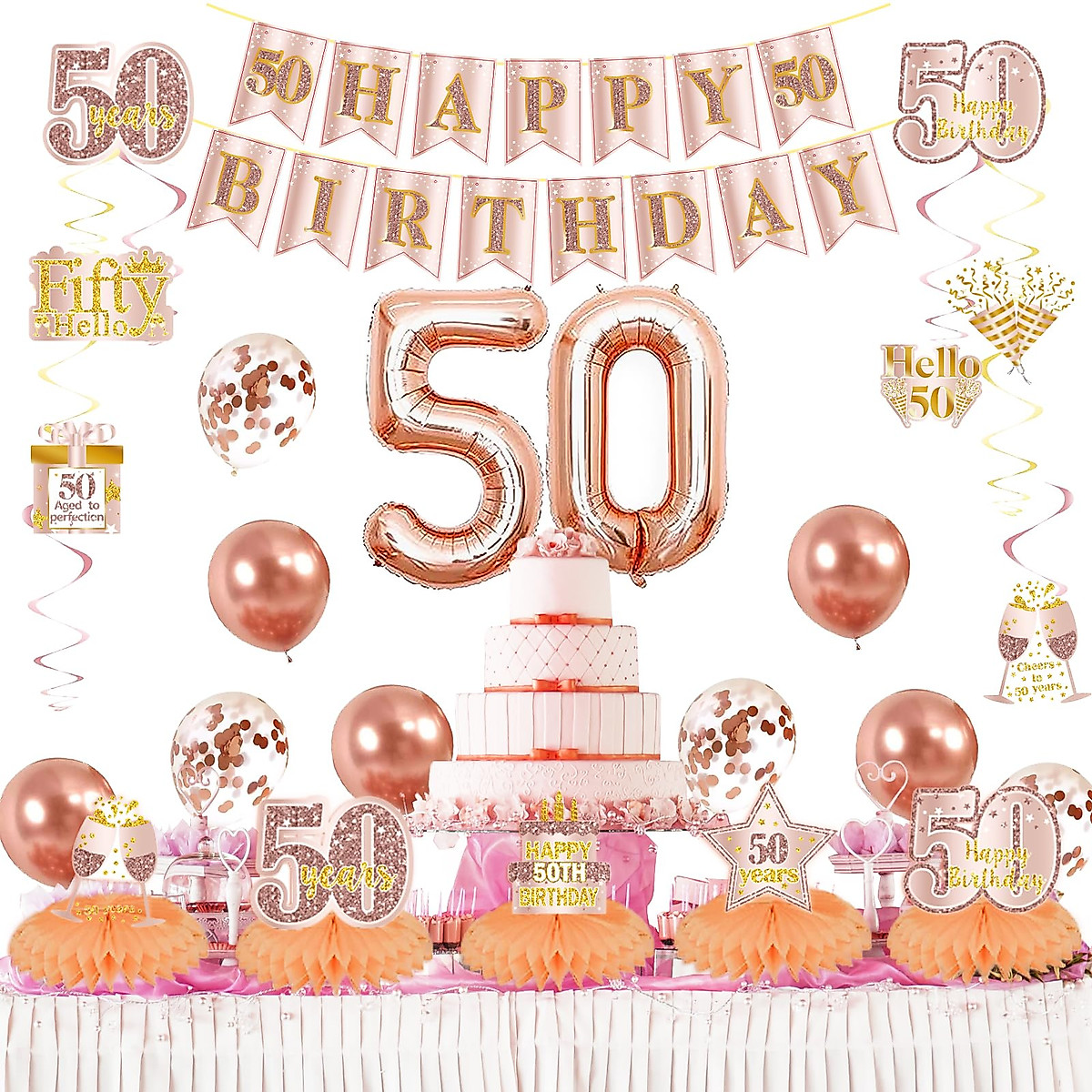 Crenics Rose Gold 50th Birthday Decorations for Women - Happy 50 Birthday Banner, Honeycomb Centerpieces, Hanging Swirls and Balloons for 50 Birthday Party Supplies