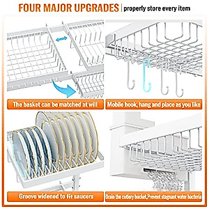 YKLSLH Over The Sink Dish Drying Rack, Expandable Large Dish Drying Rack, Suitable for Most Sinks (24.8 "-35.4") Adjustable Over Sink Dish Drying Rack, Metal Drying Rack Space Saving, White