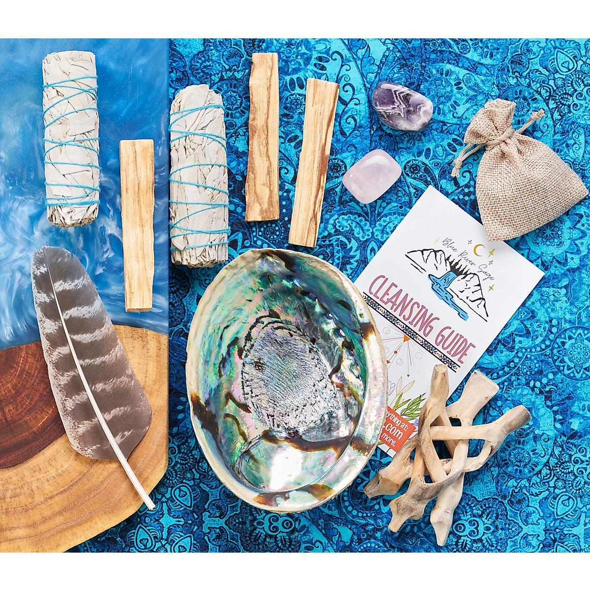 Home Cleansing & Smudging Kit with White Sage, Palo Santo, Abalone & Stand, Smudge Feather & Guide - Smudge Kit with Sage Smudge Sticks