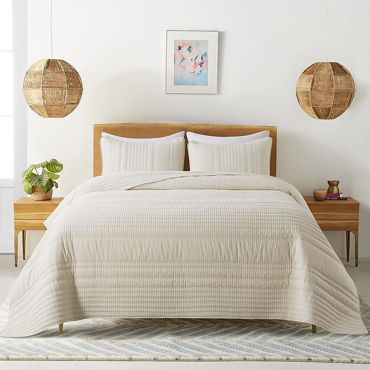 HIARUO Queen Quilt Bedding Set, Full Size Striped Coverlet Bedspread (90x90 inch) with 2 Pillow Shams (20x26 inch) for All Season, Beige/White