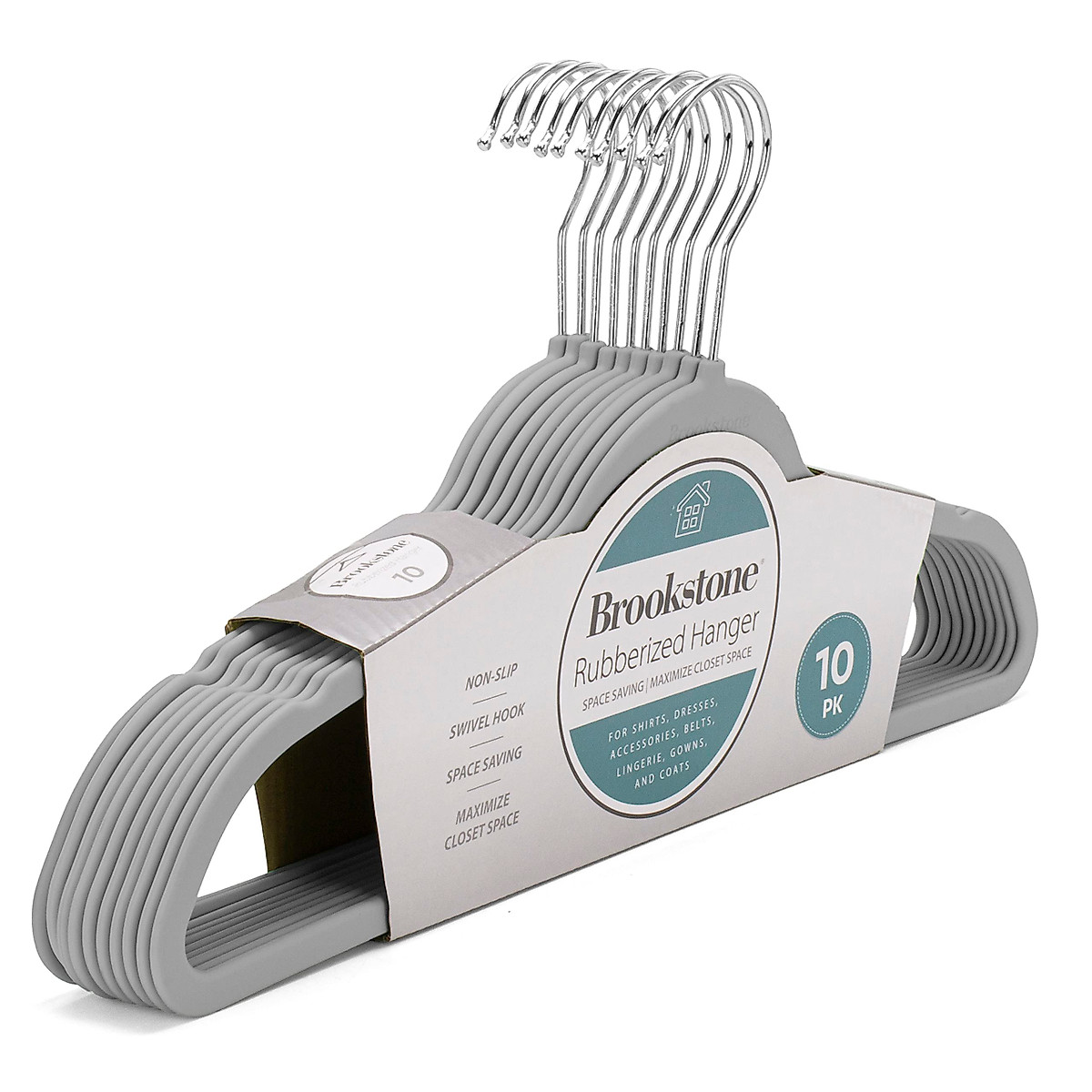BROOKSTONE, 10 Pack [Non-Slip] High Grade Rubber Coated Plastic Hangers, Ultra Slim Lightweight Design, Heavy-Duty, Won’t Stain Fabric, Swivel 360° Hook, Gray