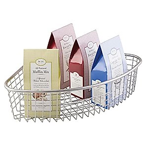 mDesign Farmhouse Metal Kitchen Cabinet Lazy Susan Storage Organizer Basket with Front Handle - Large Pie-Shaped 1/4 Wedge, 4.4" Deep Container - Satin