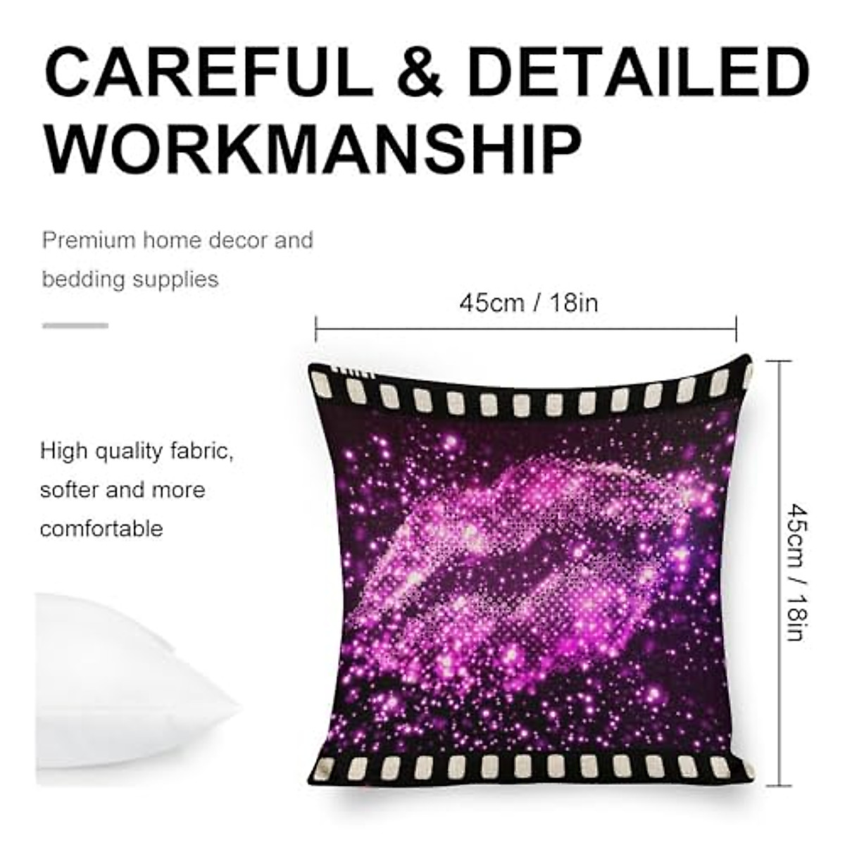 JOJOART Pink Glitter Lips Throw Pillow Covers 18×18 Pillowcases Set of 1 Sexy Mouth Kiss Linen Decorative Square Pillow Case Cushion Covers Standard Size for Sofa Couch Outdoor Bed Pillow Protectors