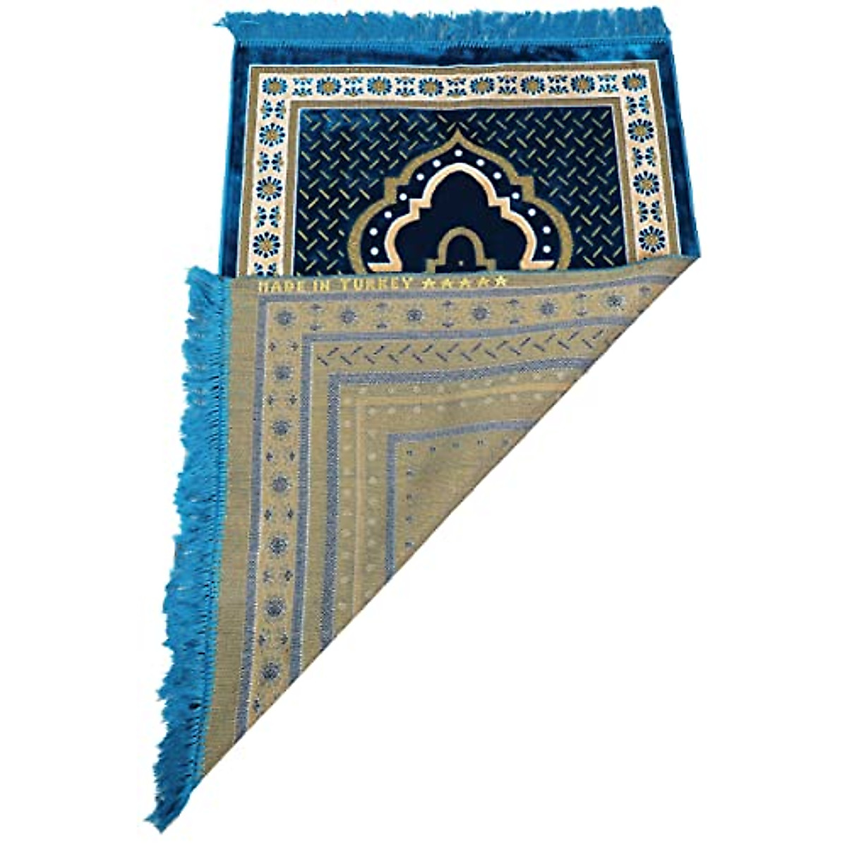 TB Muslim Prayer Rug Thick, Islamic, Soft Velvet Mat Ramadan Gift, with Prayer Bead Unique Decoration Gilded Gold-Like Embroidered for Women Man Kids Meditation Turkish African (Blue)