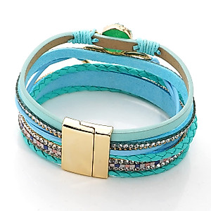 Suyi Multilayer Leather Wrap Bracelet Wide Cuff Bracelets for Women Heart-shape Light Blue