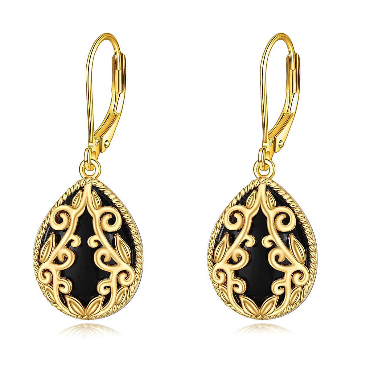 Sterling Silver Black Onyx Earrings18K Gold Plated Filigree Teardrop Leverback Dangle Earrings Boho Drop Earrings Jewelry Christmas Gifts for Women