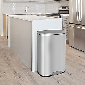 13 Gallon Trash Can, Fingerprint Proof Stainless Steel Kitchen Garbage Can with Hinged Lids & Removable Inner Bucket and Durable Pedal, Pedal Rubbish Bin for Home Office Indoor Outdoor, Silver