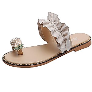 NEARTIME Cute Slippers for Women Girls Pearl Flat Bohemian Style Sandals Casual Flat Flip Slip-On Crystal Beach Shoes