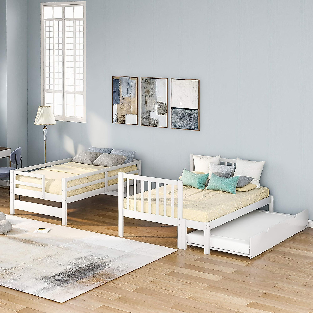 Harper & Bright Designs Stairway Twin Over Twin/Full Bunk Bed with Twin Size Trundle and Drawers, Solid Wood Bunk Bed Staircase Can be Placed on The Left or Right Side (White)